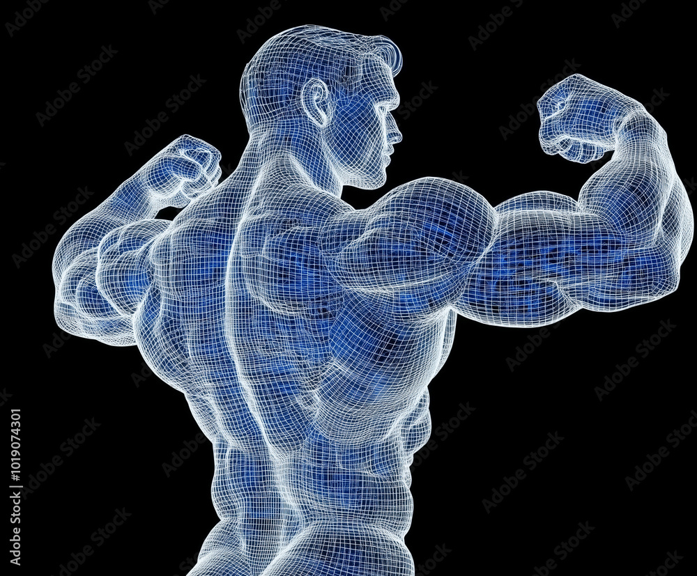 A digital illustration of a muscular male figure with a wireframe ...