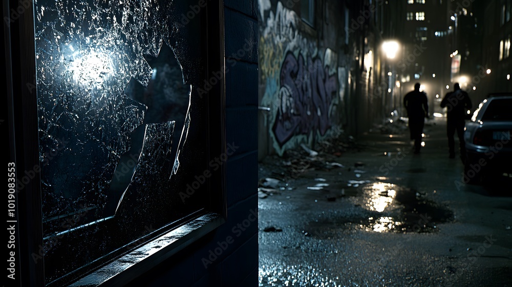 Dark alleyway at night with shadowy figures symbolizing gang violence ...