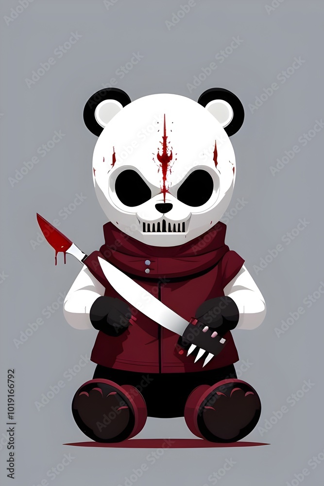 illustration cartoon of a horror movie, isolated stuffed evil toy teddy ...
