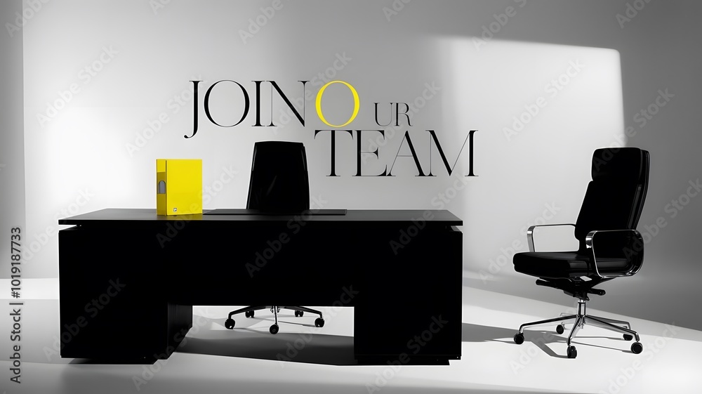"Join Our Team" poster featuring a modern office desk and chair setup ...