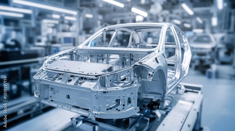 Car assembly line with unfinished vehicle on platform in modern ...