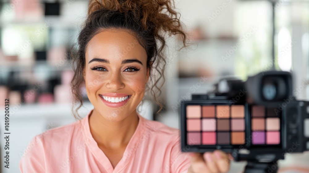 Enthusiastic woman showcasing a variety of lip colors from a makeup ...