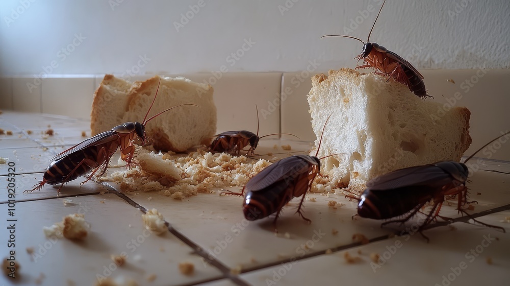 Cockroaches crawling on kitchen counter around bread crumbs ...