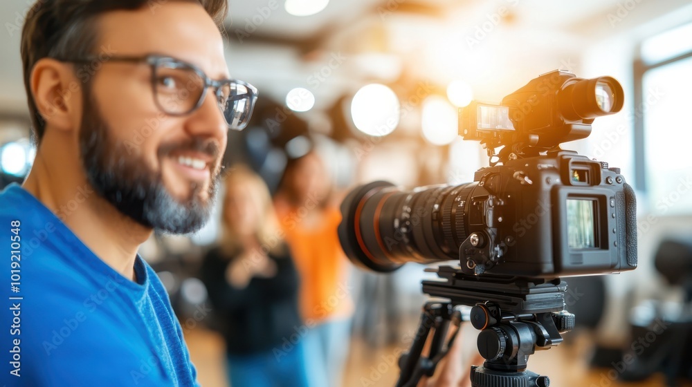Focused on the task, a man with glasses handles a video camera in a ...