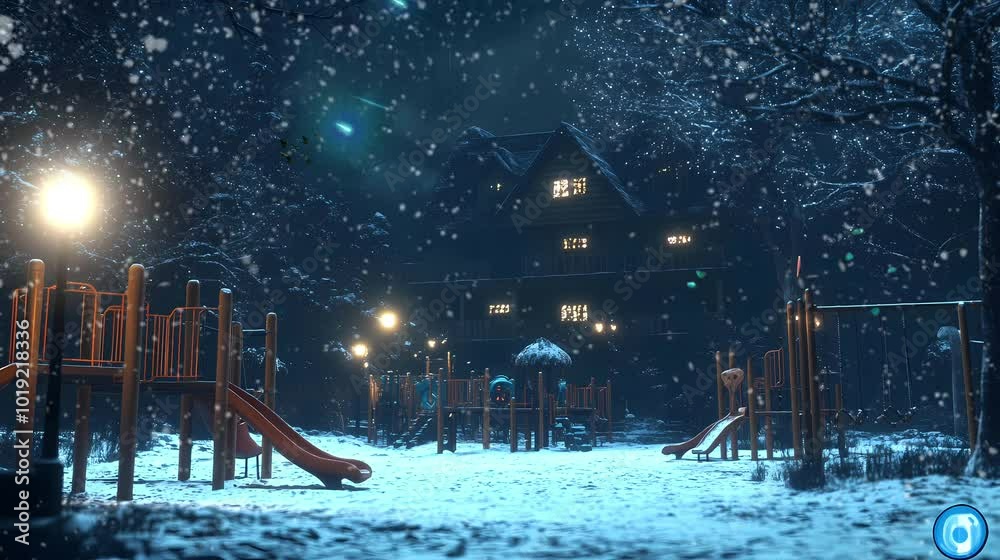 A spooky winter playground scene in anime style, with a haunted house ...