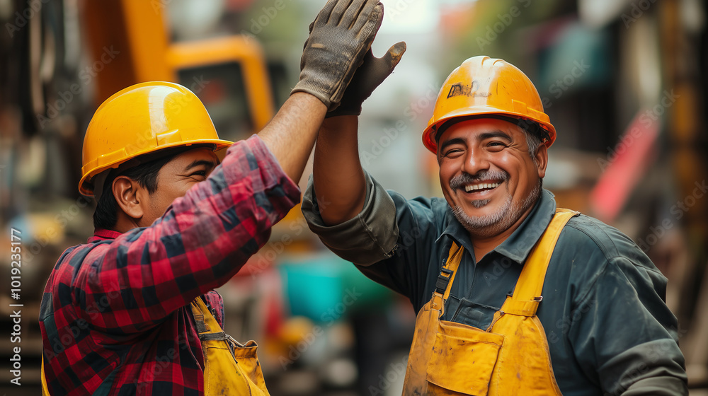 Happy construction workers in safety helmets, teamwork celebration with ...