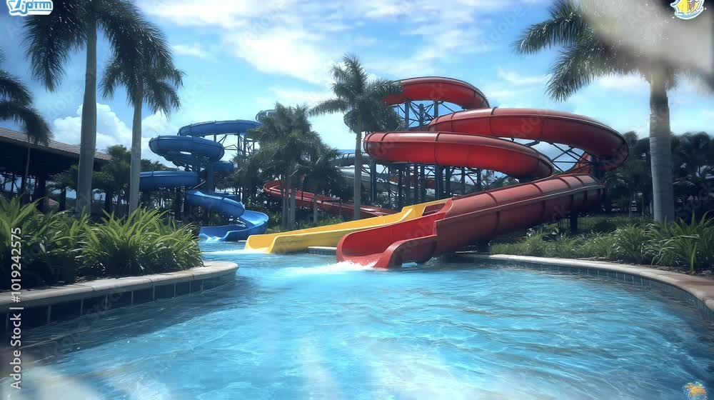 Vibrant water slides twist around a lush, tropical park in this cartoon ...