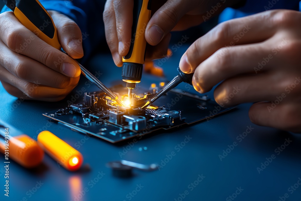 A close-up of hands using tools to take apart a complex mechanical ...