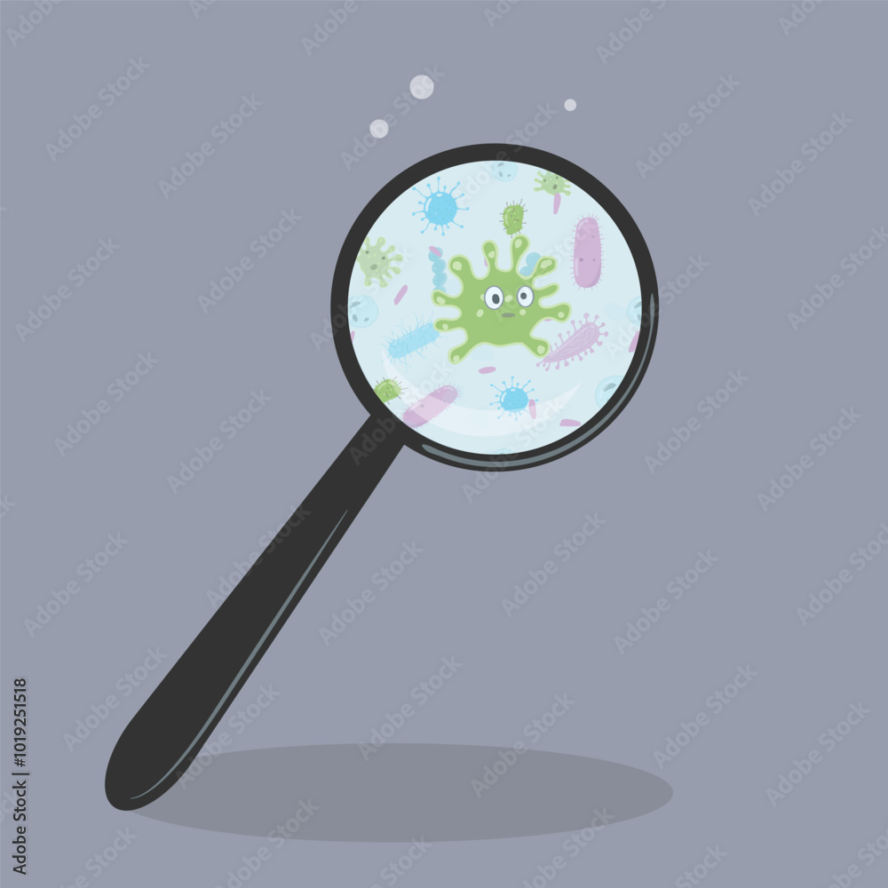 A magnifying glass examines the microscopic figures of bacteria, in a ...