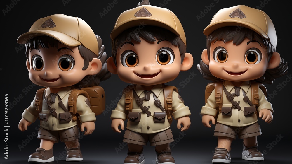 Set Of Cute Little boy scout Kids Wear Scout honor uniform. 3D render ...