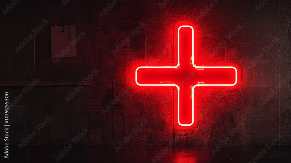 Glowing red plus shaped neon light on the wall abstact red neon sign on ...