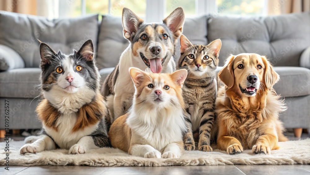 Adorable group of dogs and cats gathered together, showcasing ...