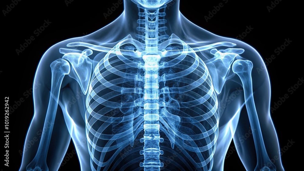 Detailed X-ray image of the human sternum, also known as the breastbone ...