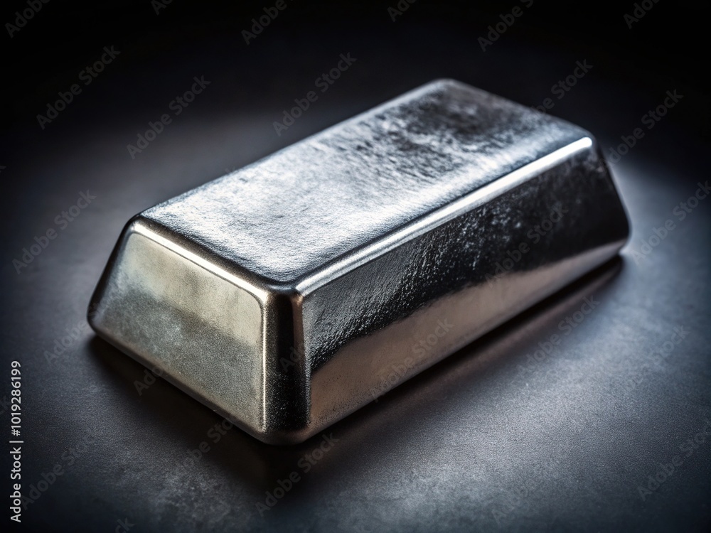 Bathed in a deep shadow, a shimmering silver ingot reveals its stunning ...