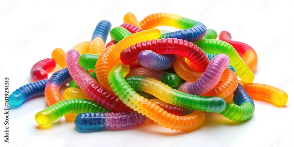 Colorful, rounded, and smiling gummy worms in various colors and sizes ...