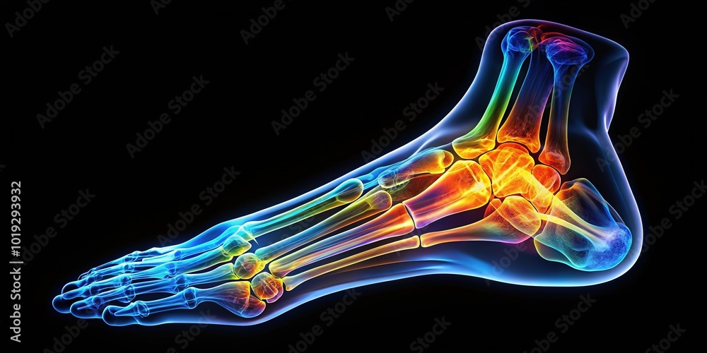 Detailed X-ray of a normal human foot, illustrating bone structure and ...