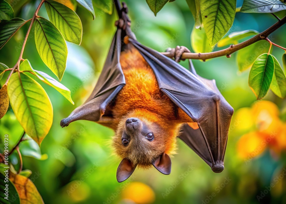 In a serene natural habitat, a bat sleeps peacefully upside down ...