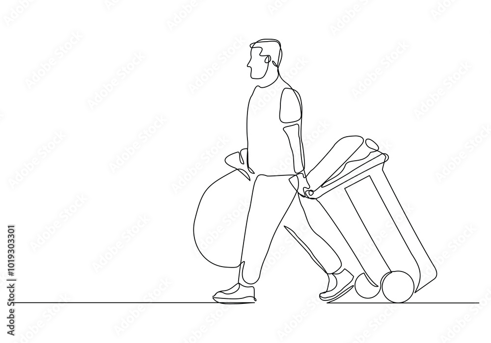 Continuous single line sketch drawing of man holding pushing rubbish ...