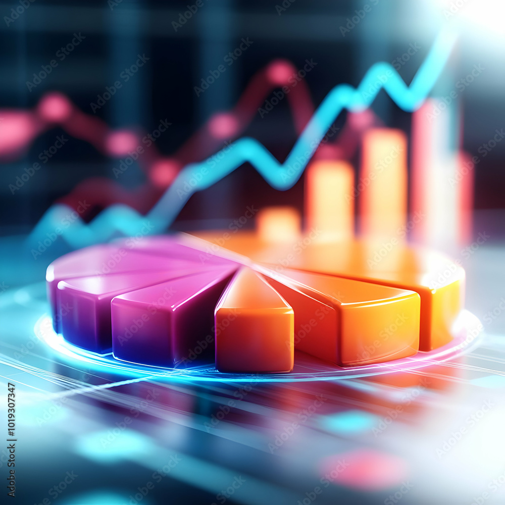 Colorful pie chart with digital graphs representing data analysis in a ...
