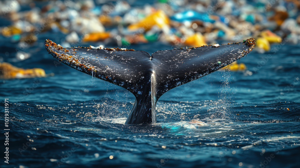 Foto de whales tail emerges from ocean, surrounded by plastic waste ...