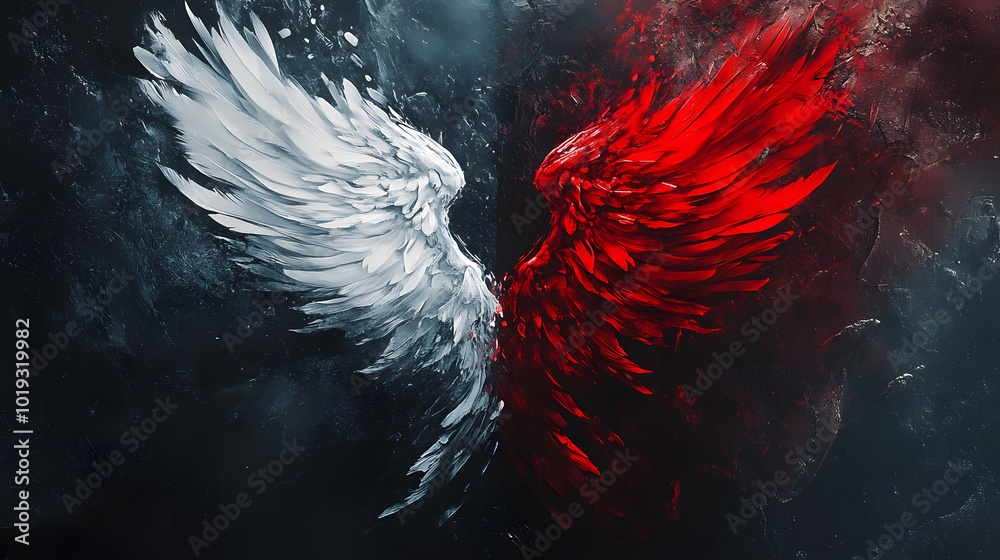 A digital art illustration of two wings, one red and the other white ...