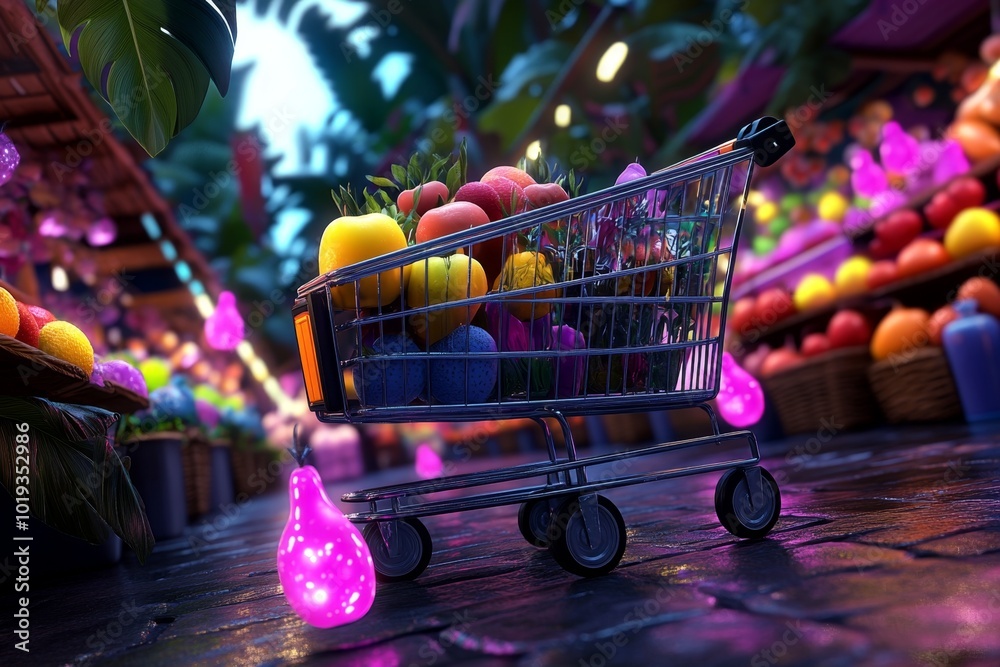 Fantasy scene of a shopping cart navigating a mystical forest market ...