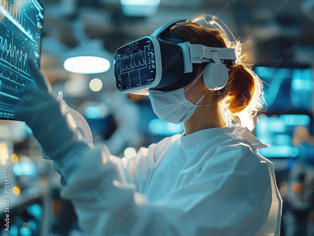 Female Surgeon Pointing at Monitor During VR-Assisted Remote Surgery in ...