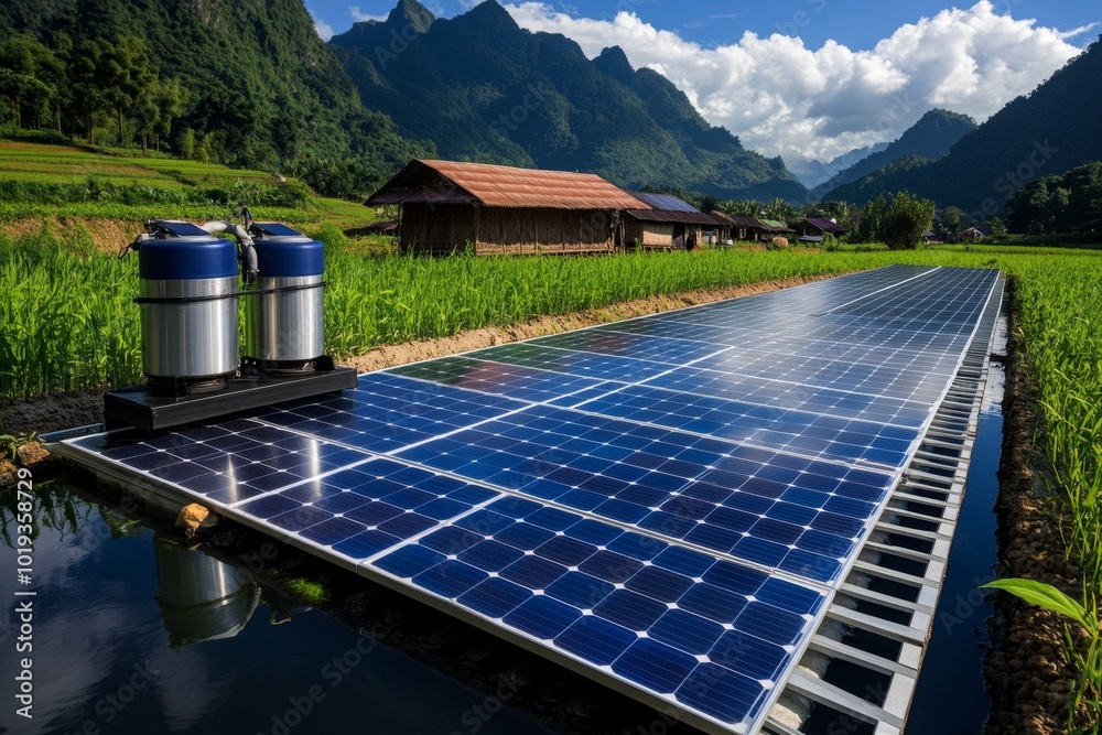 Realistic depiction of a solar-powered water filtration system being ...