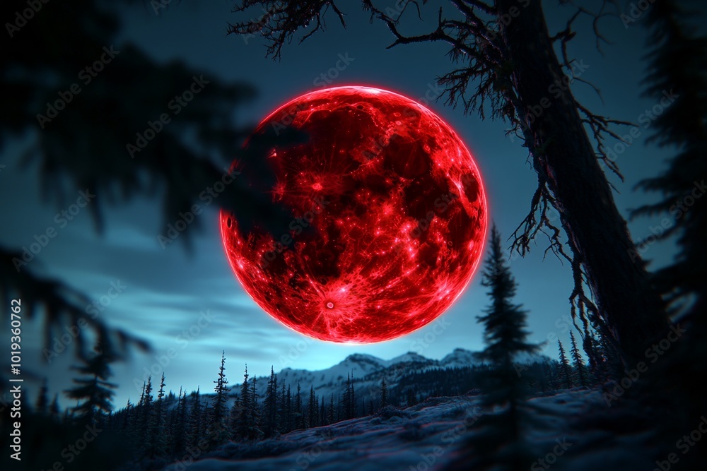 Realistic image of a red moon seen through the branches of a tree, with ...