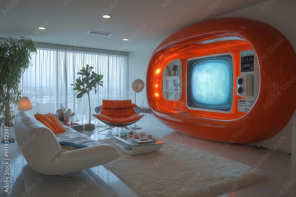retrofuturistic living room with a sentient tv as the centerpiece the ...