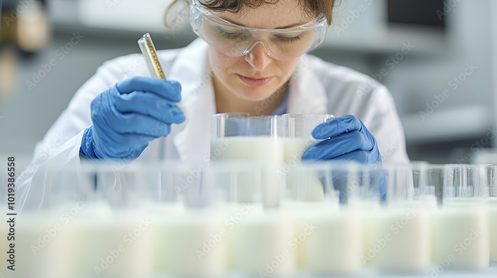 Food scientist testing milk samples of dairy products in the laboratory ...