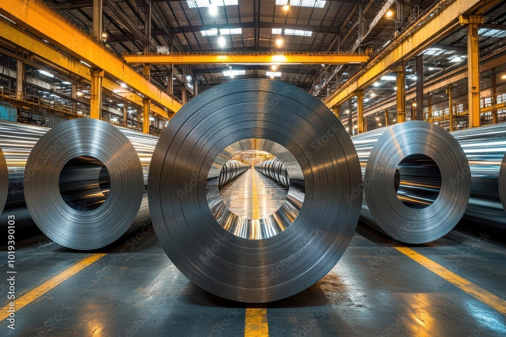 rows of shiny galvanized steel sheets stacked neatly in a bustling ...