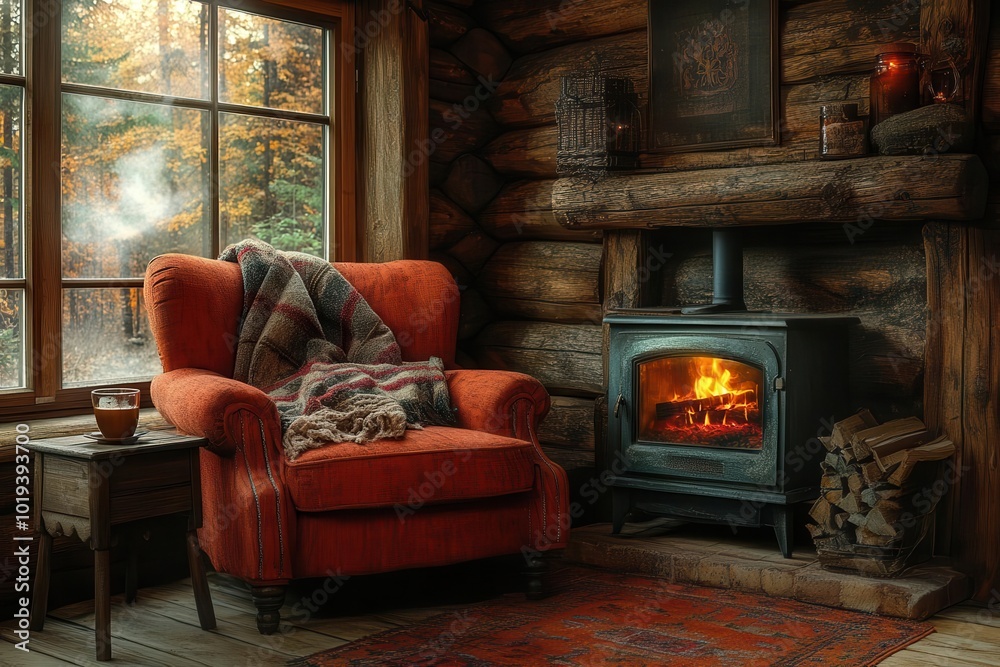 rustic cabin interior overstuffed armchair with cozy blanket crackling ...