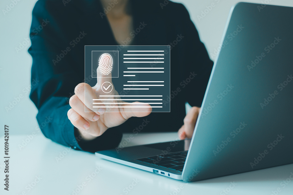 Digital identification or digital ID concept. Businessman use laptop ...
