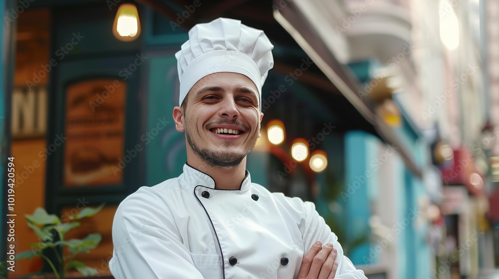 Male chef. Proud pose. Smiling. Live action. Chef uniform. Standing in ...