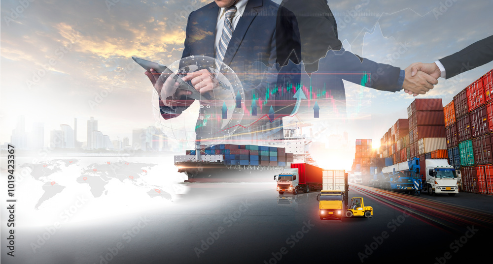 Smart technology logistics concept, Businessman touching virtual screen ...