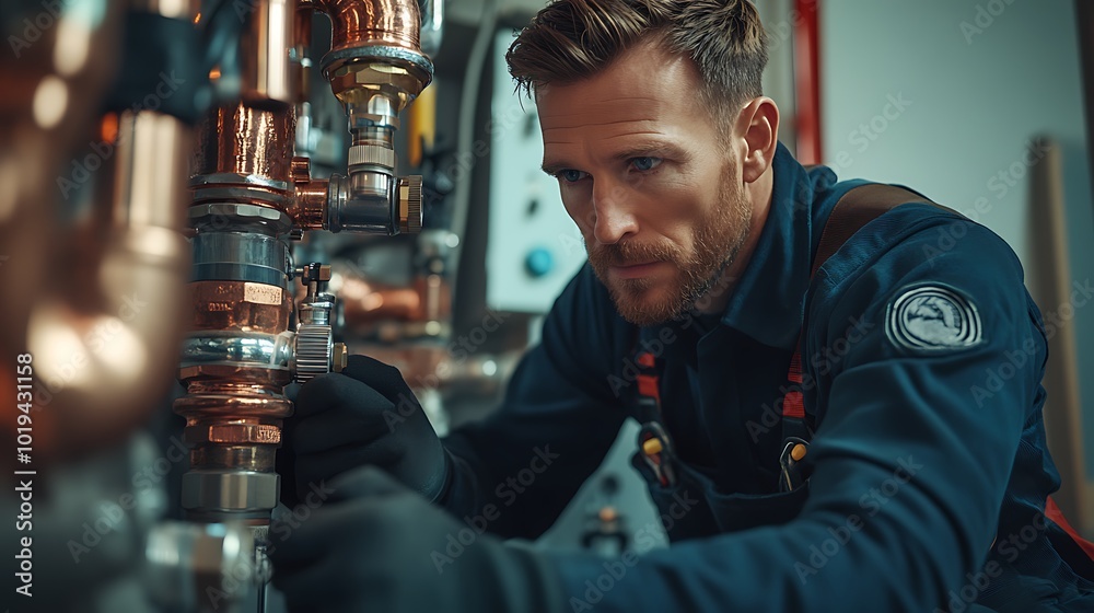 Plumber Fitting Pipes: A craftsman in a uniform, kneeling on the floor ...
