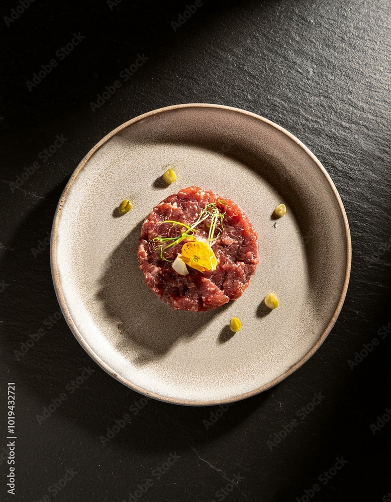 Tartar de res carne roja sobre plato de cerámica en fondo oscuro Stock Photo | Adobe Stock