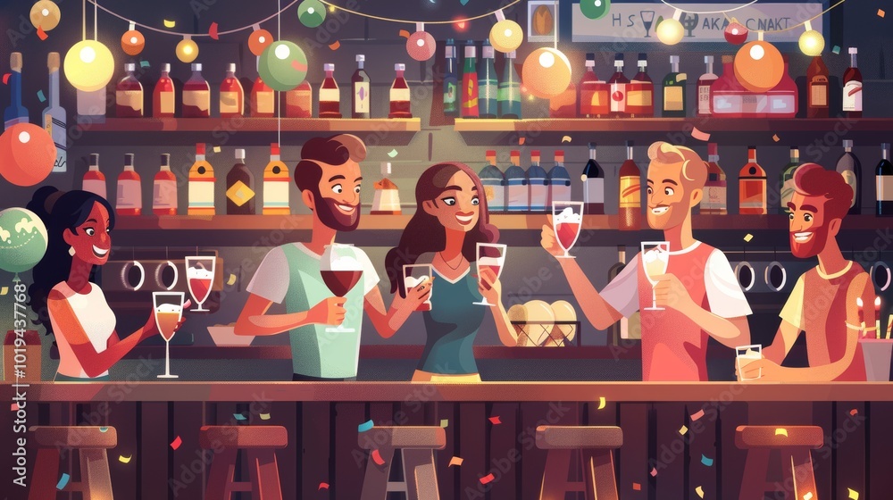 Cartoon vector A festive scene in a pub with friends clinking glasses ...