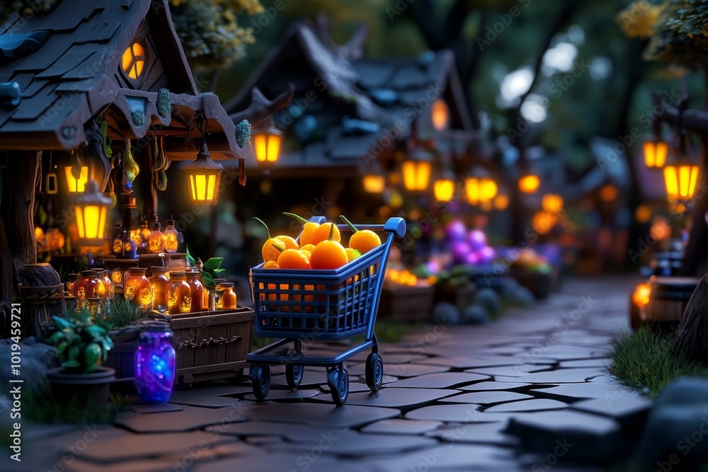 Fantasy scene of a shopping cart navigating a mystical forest market ...