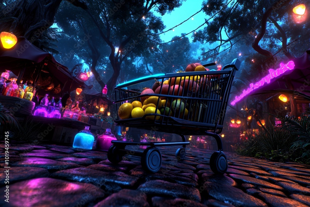 Fantasy scene of a shopping cart navigating a mystical forest market ...