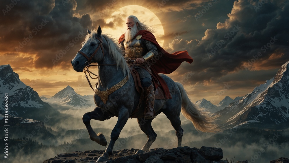 Depict Odin, the Norse Allfather, riding his eight-legged horse ...