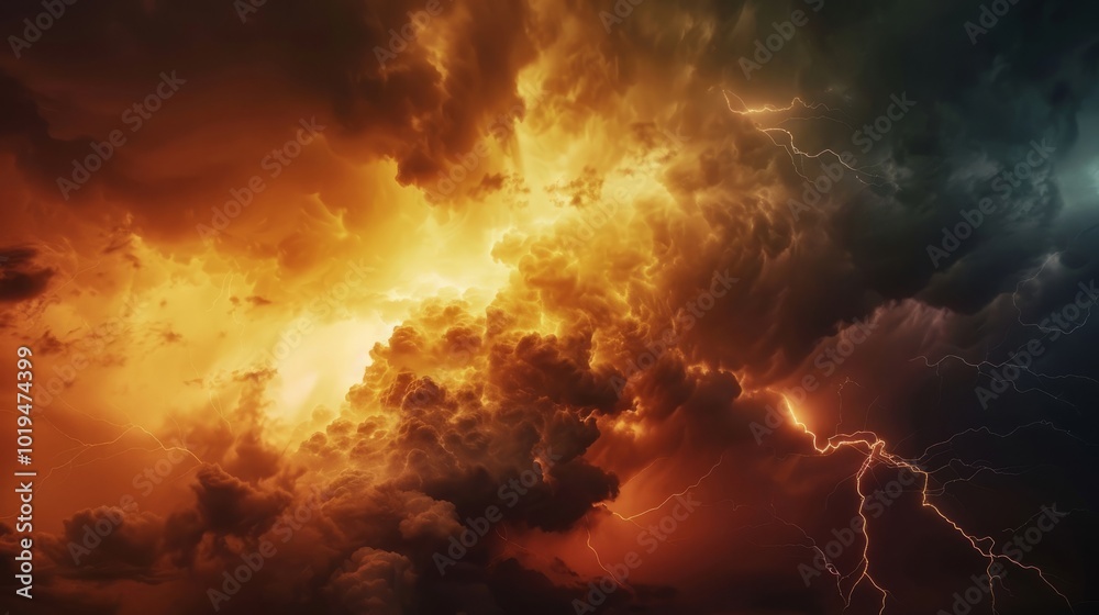 Supercell thunderstorm with dramatic storm clouds at sunset during a ...