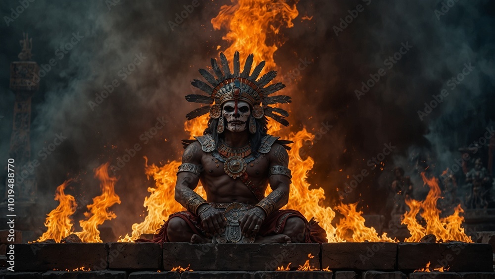 Show Tezcatlipoca, the Aztec god of war, guarding amidst flames, set ...