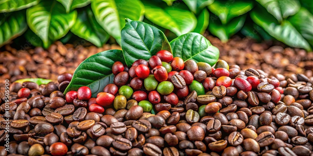 A vibrant collection of coffee beans and their colorful precursors ...