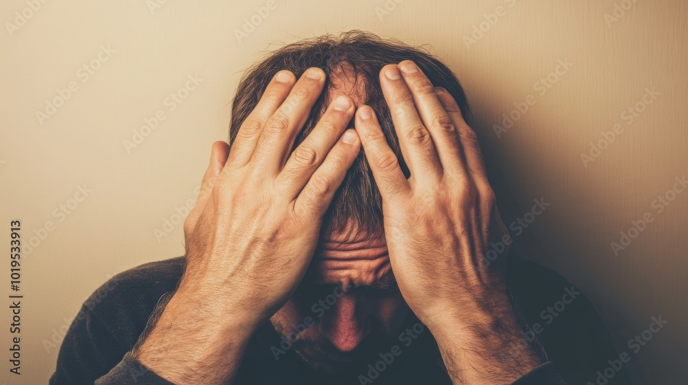 A Frustrated Patient Holding Head in Painful Expression, Staring Down ...