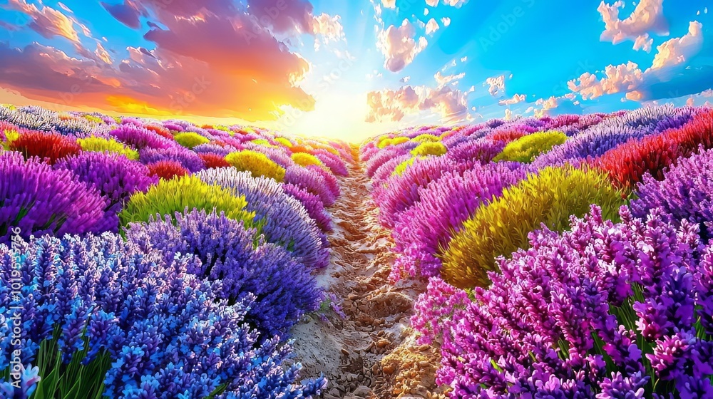 Breathtaking lavender fields at sunset create vibrant landscape filled ...