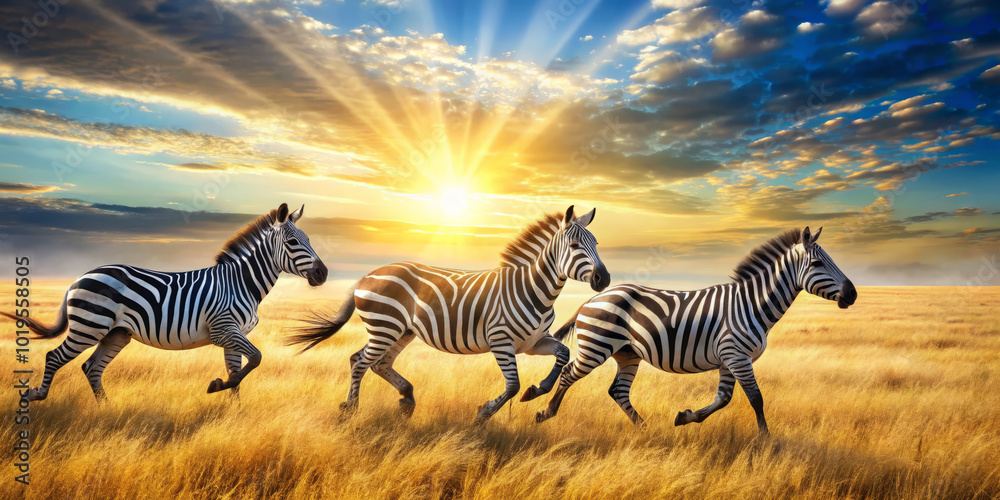 Zebras run gracefully across sunlit savannah, their striking black and ...
