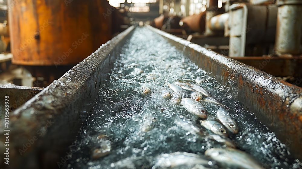 Industrial Fish Processing Conveyor Belt: A detailed close-up of an ...