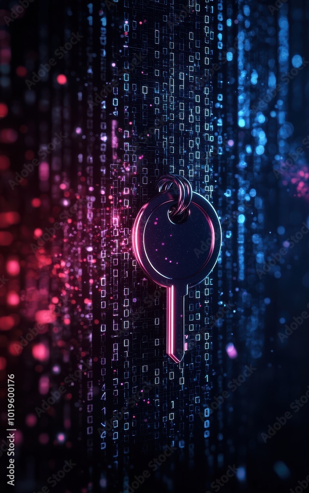 A futuristic digital key amidst binary code and colorful lights representing cybersecurity and ...